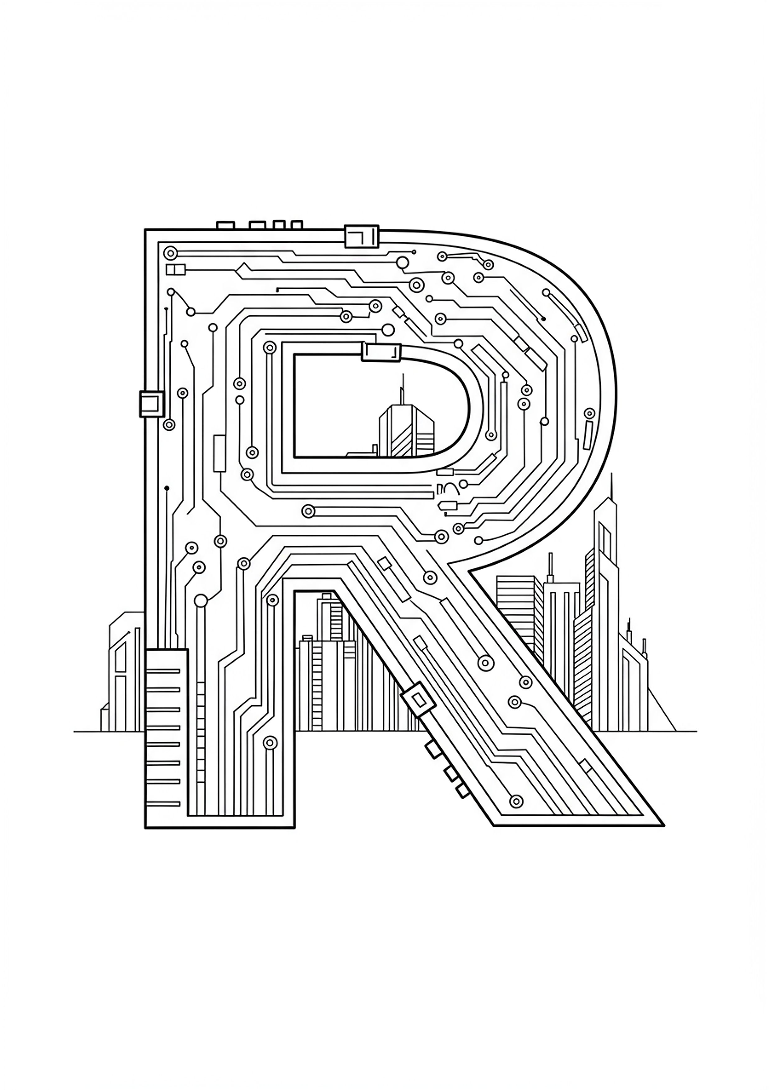 Letter R Coloring Page with Futuristic Cyberpunk Theme - Free Coloring ...