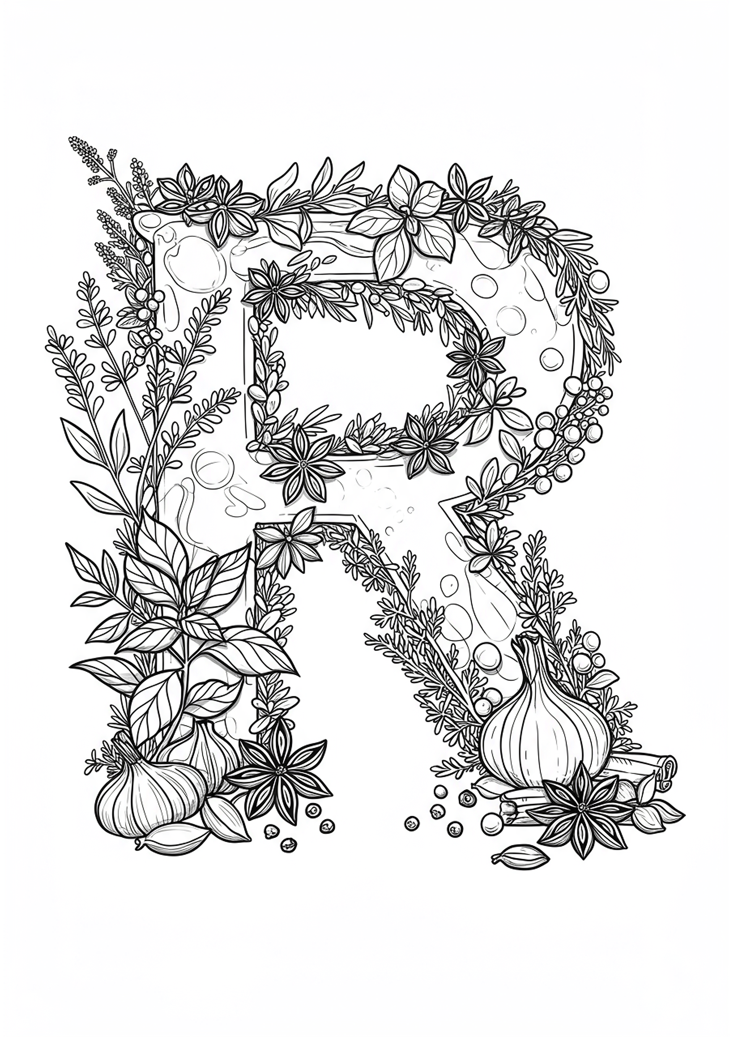 Letter R with Botanical Herbs and Spices - Free Coloring Page ...