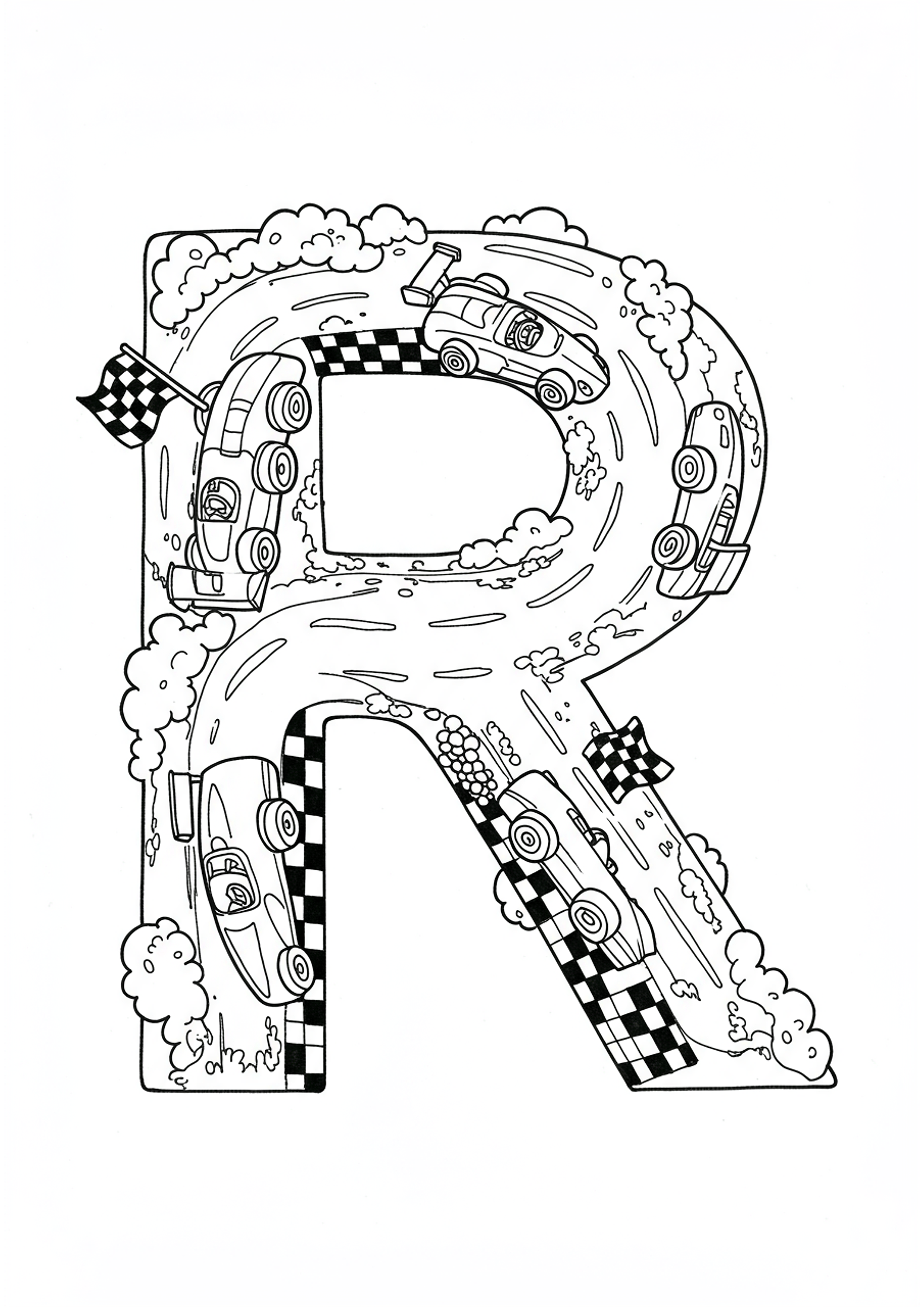Letter R with Racing Cars Coloring Page - Free Coloring Page ...