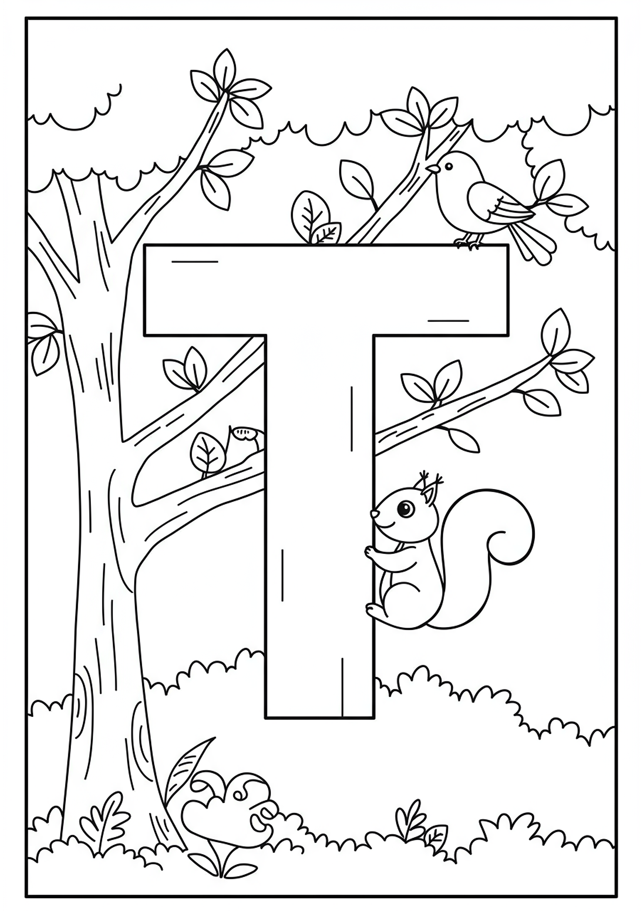 Letter T in the Treetop - Free Coloring Page | TryColoringPages