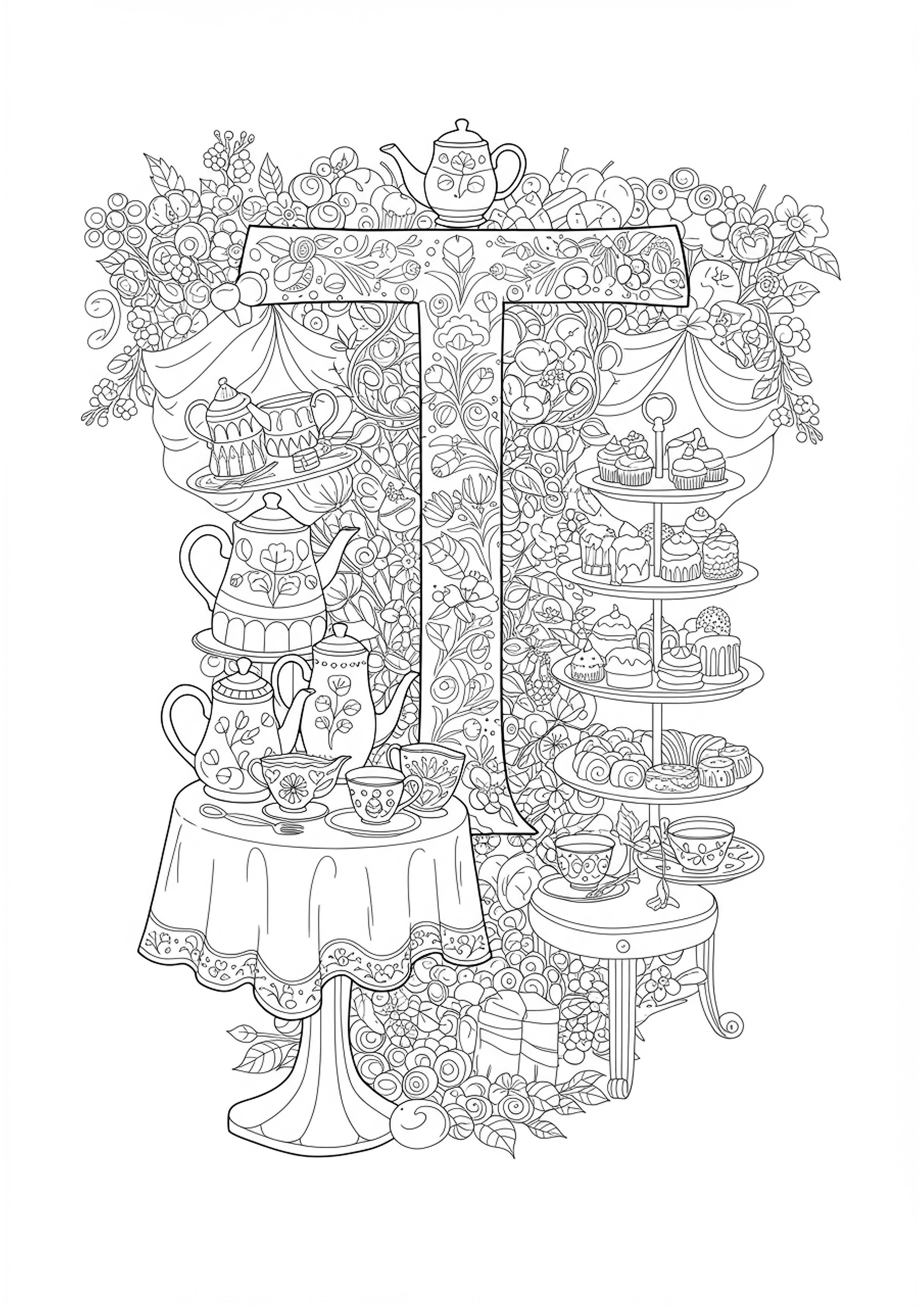 Letter T Tea Party Coloring Page - Free Coloring Page | TryColoringPages