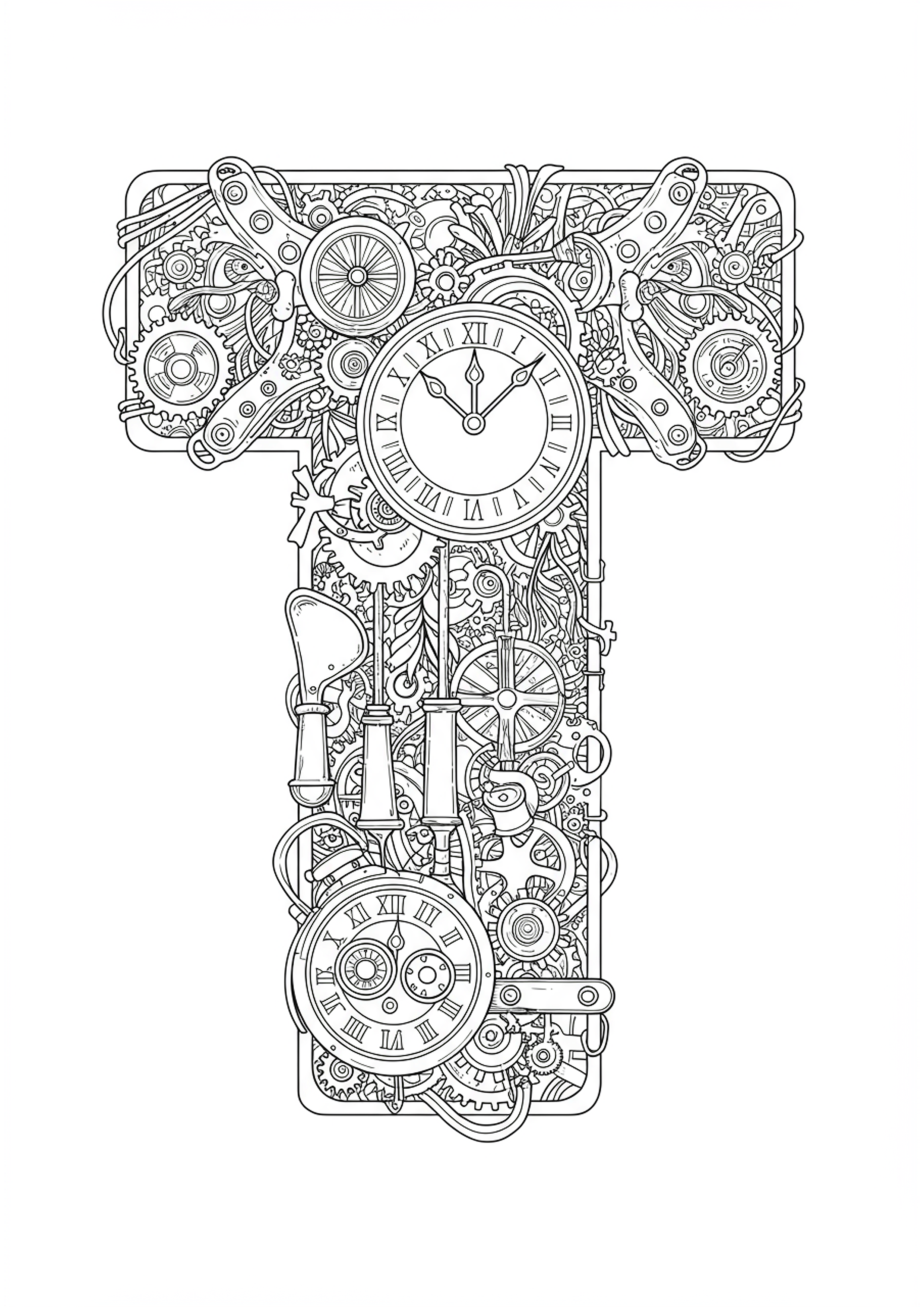 Letter T with Intricate Timepiece Mechanisms - Free Coloring Page ...
