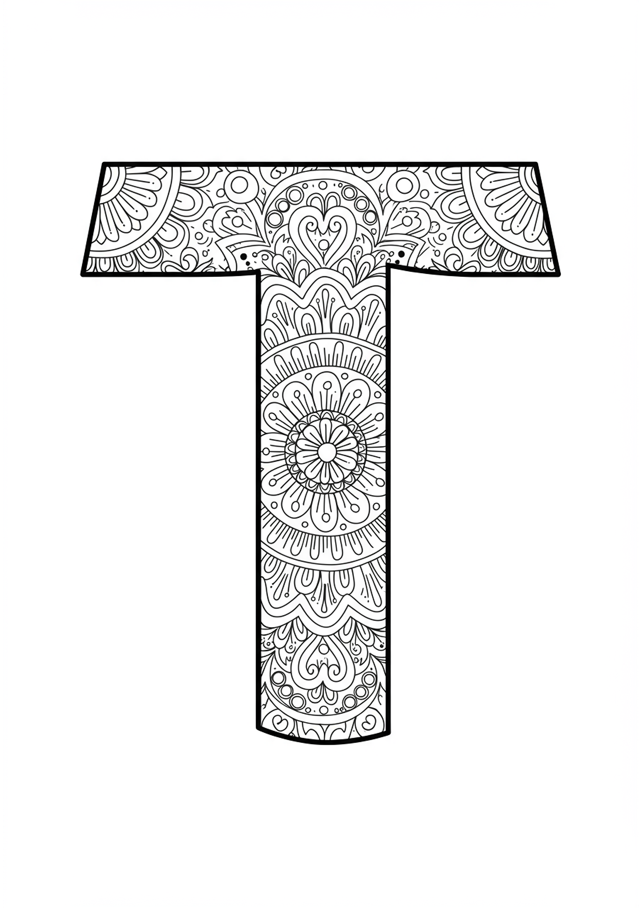 Letter T with Tangled Mandala - Free Coloring Page | TryColoringPages