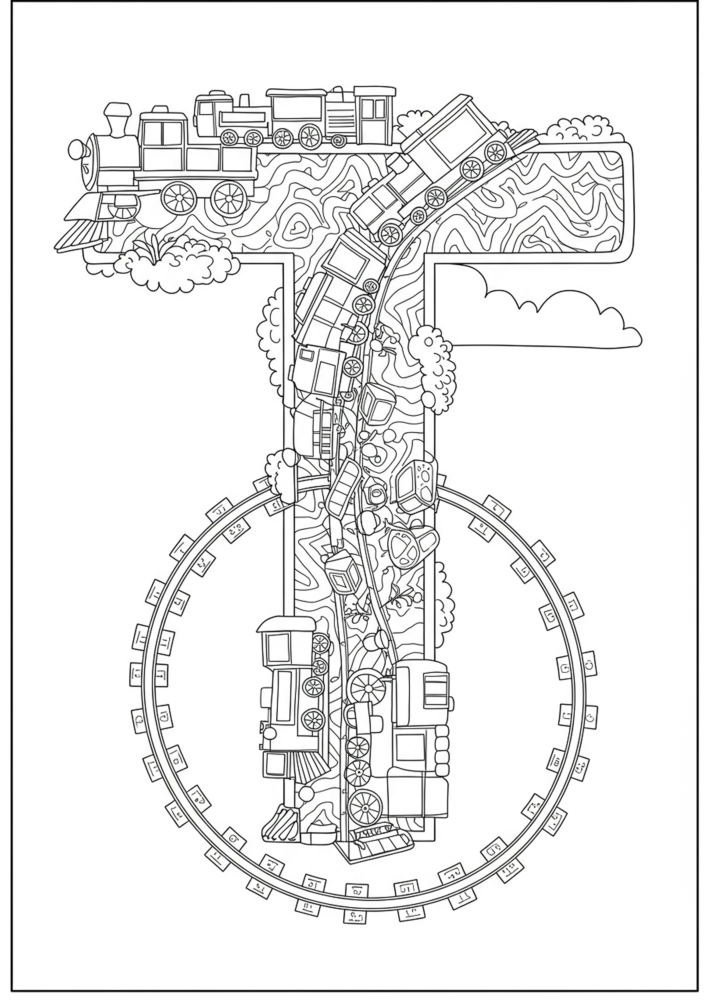 Letter T with Trains and Tracks Coloring Page - Free Coloring Page ...