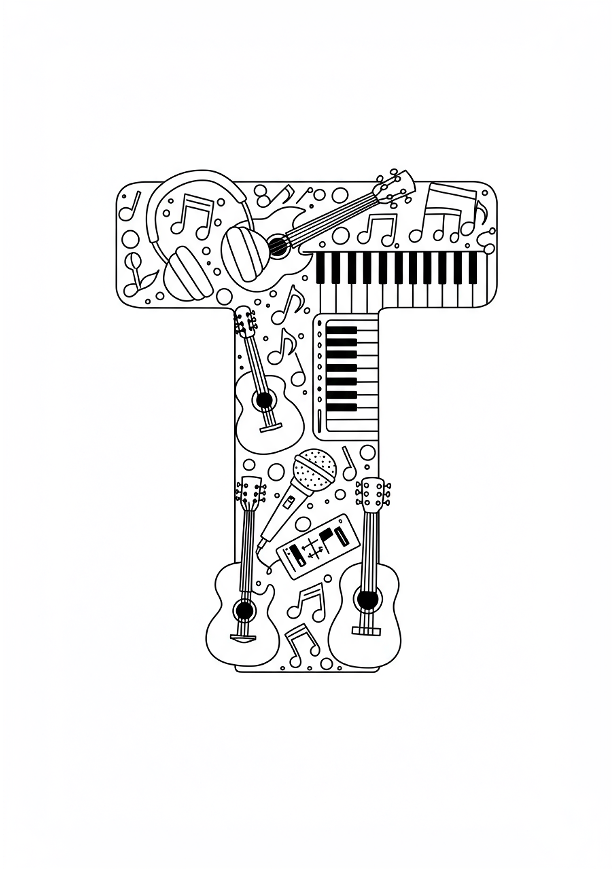 Letter T with Trendy Music Notes and Instruments - Free Coloring Page ...