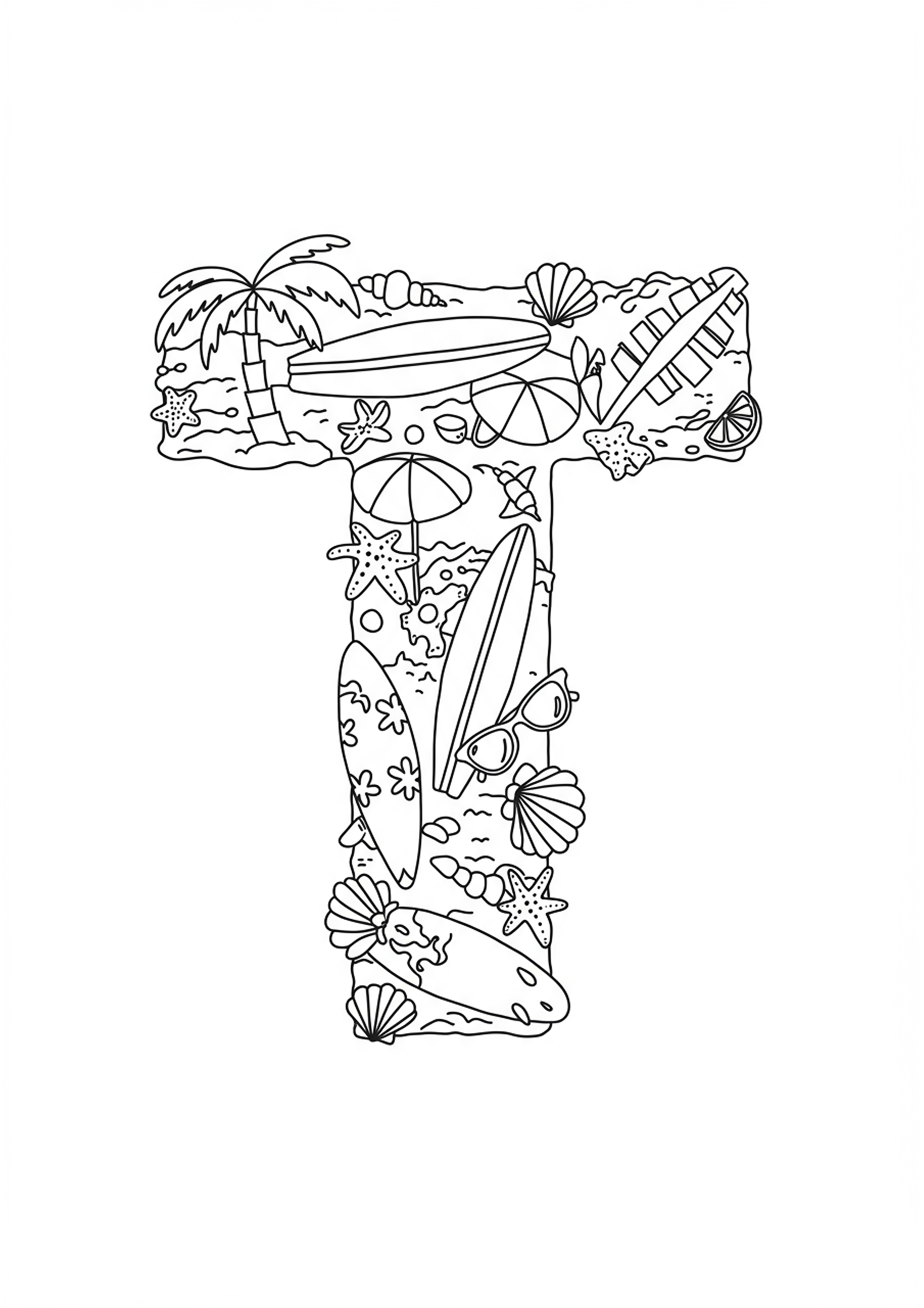 Letter T with Tropical Beach Vibes - Free Coloring Page | TryColoringPages