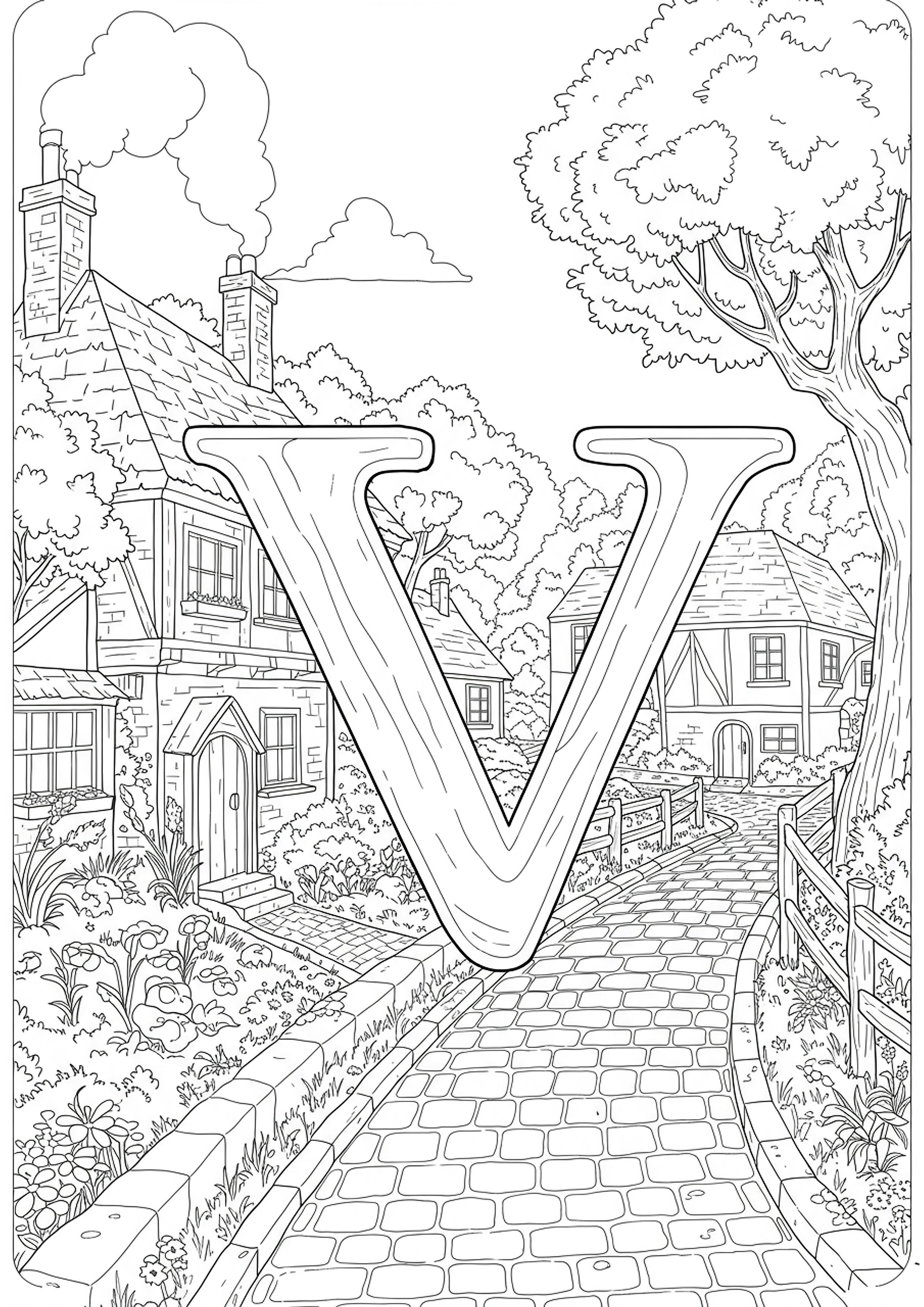 Letter V Coloring Page – Vibrant Village Scene - Free Coloring Page ...