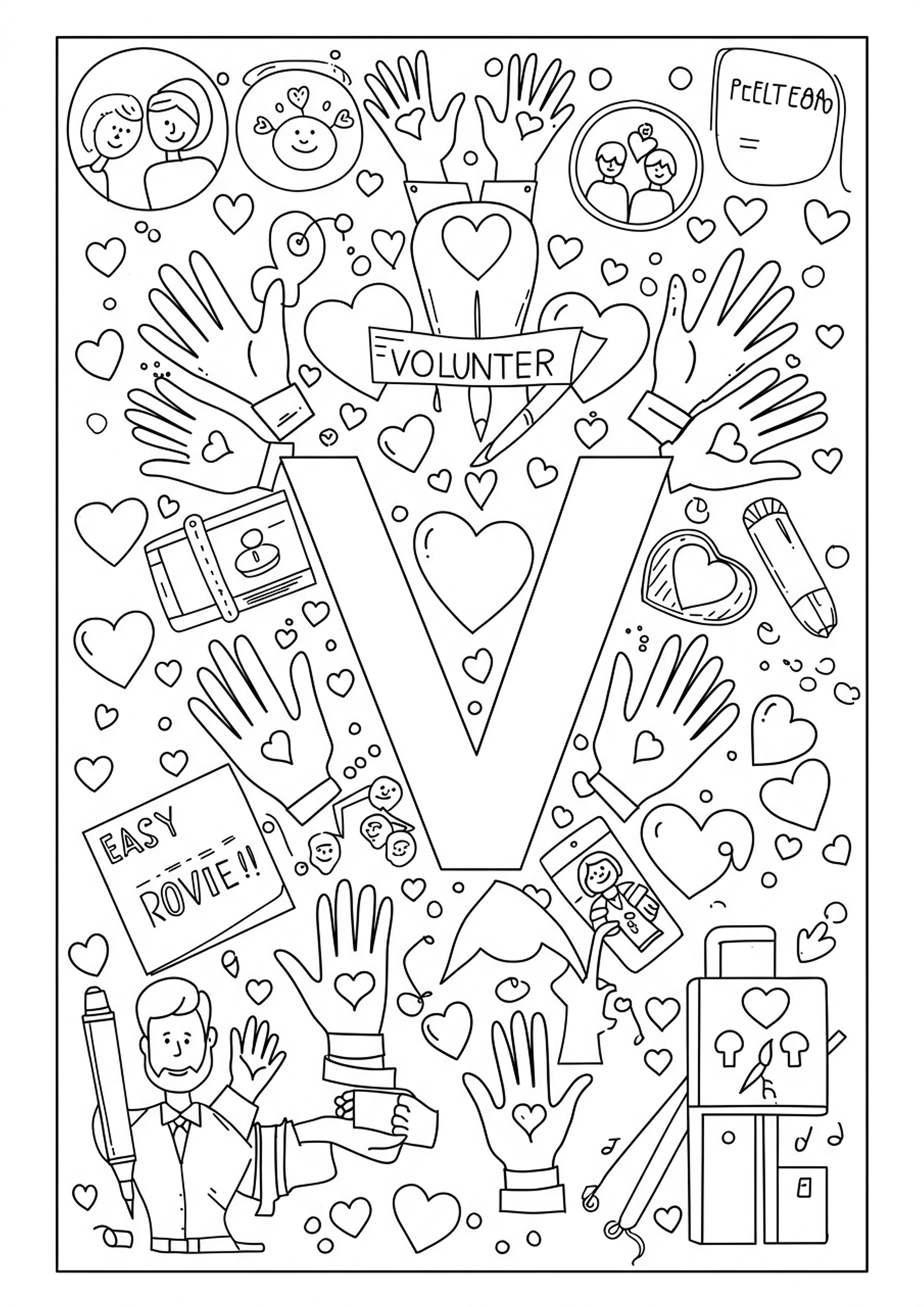 Letter V with Volunteering Scene - Free Coloring Page | TryColoringPages