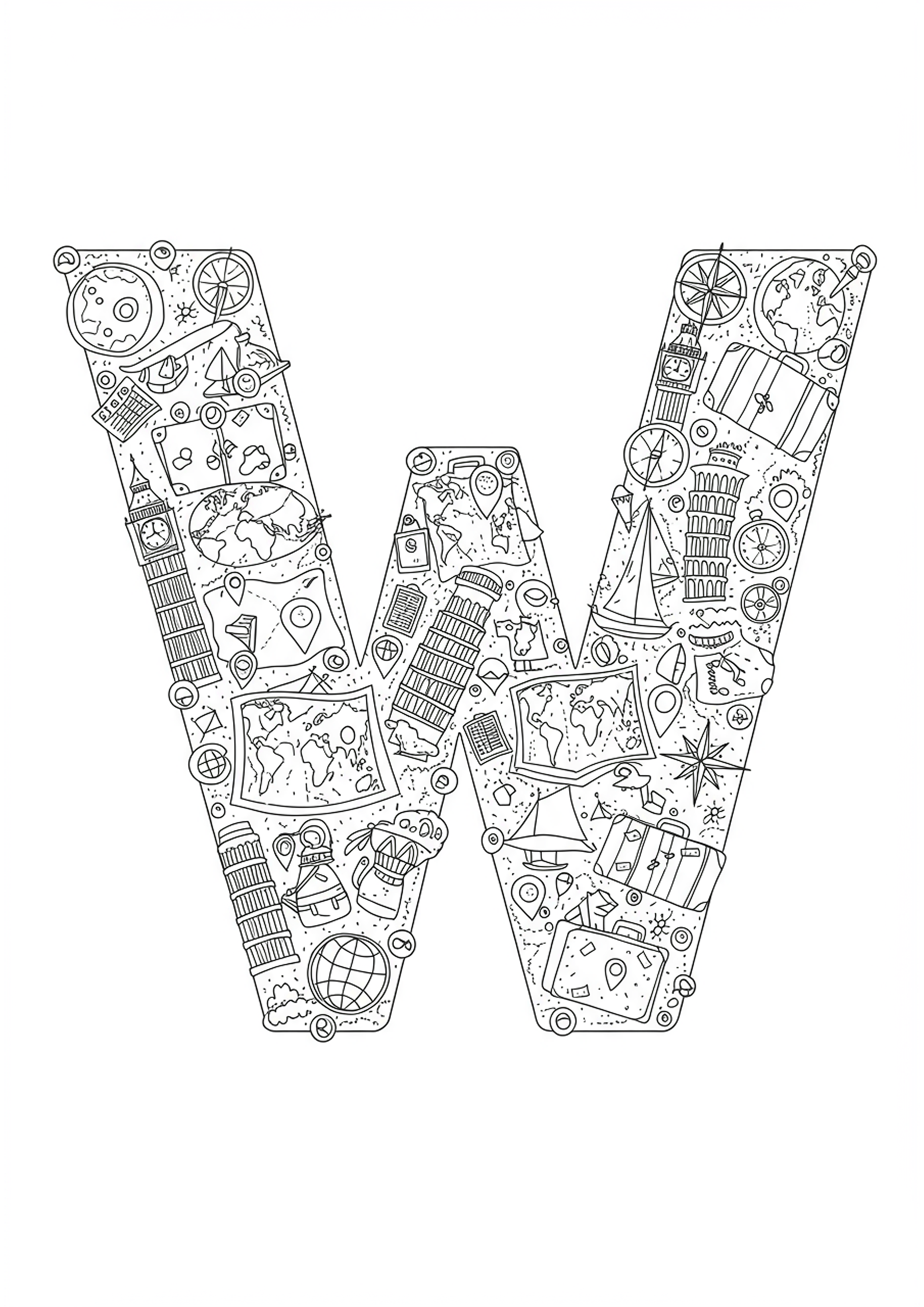 Letter W Coloring Page: Wanderlust Travel Collage - Free Coloring Page ...