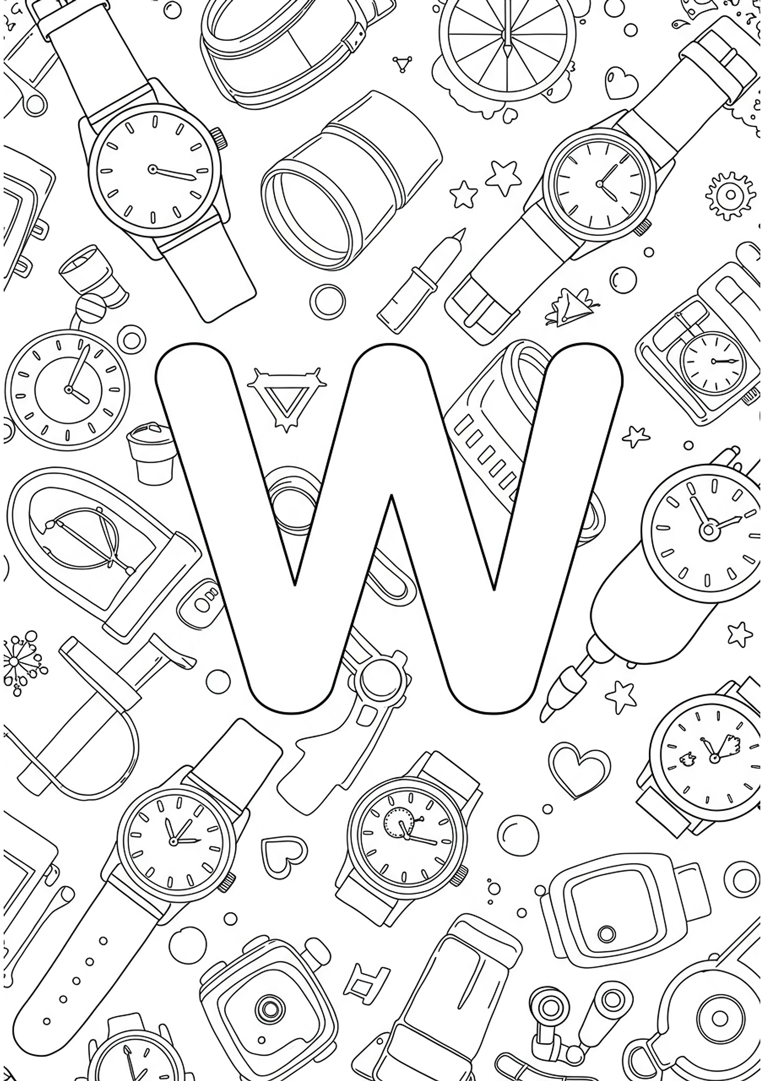 Letter W with Watch Designs Coloring Page - Free Coloring Page ...