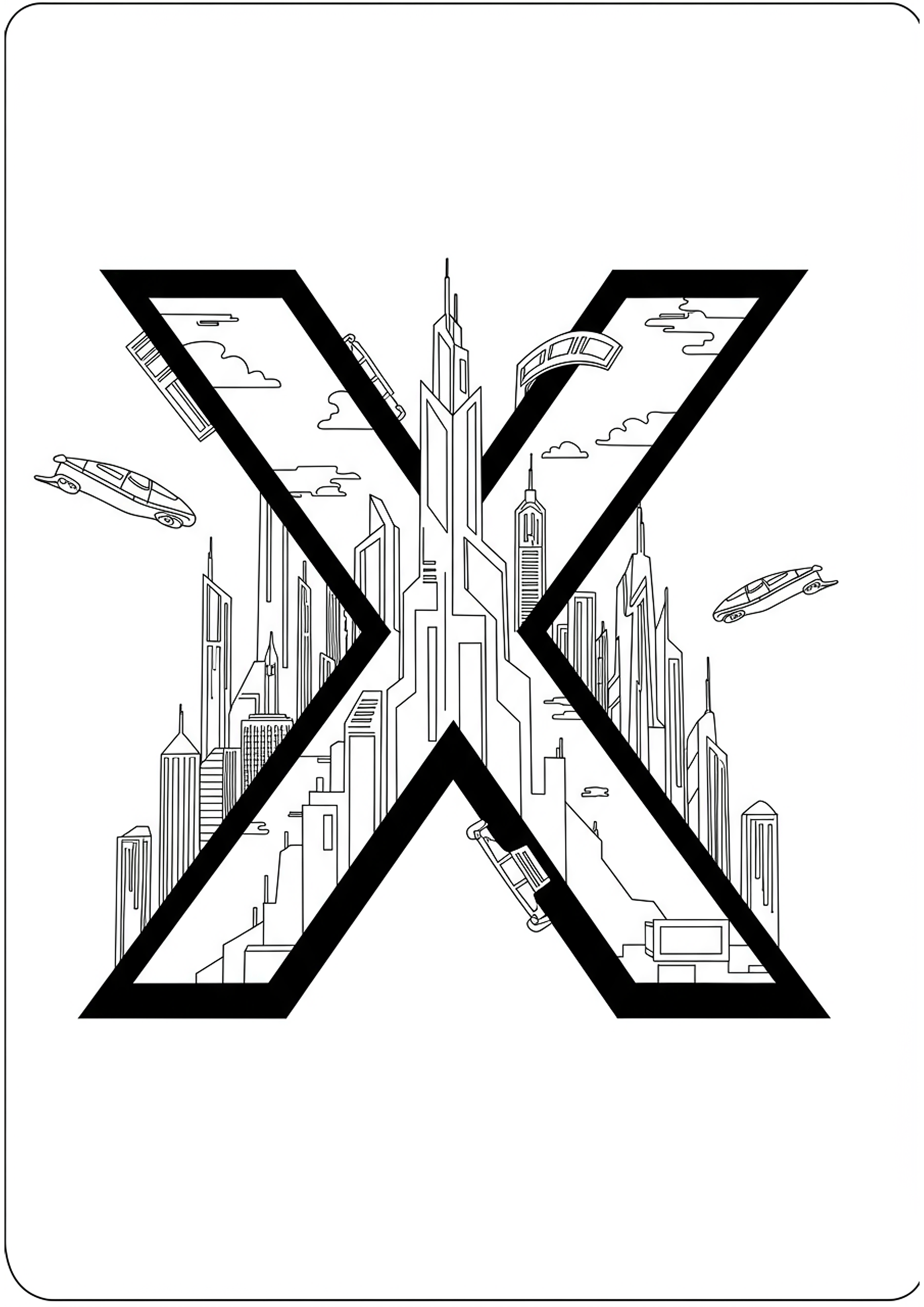 Letter X with Futuristic Cityscape - Free Coloring Page | TryColoringPages