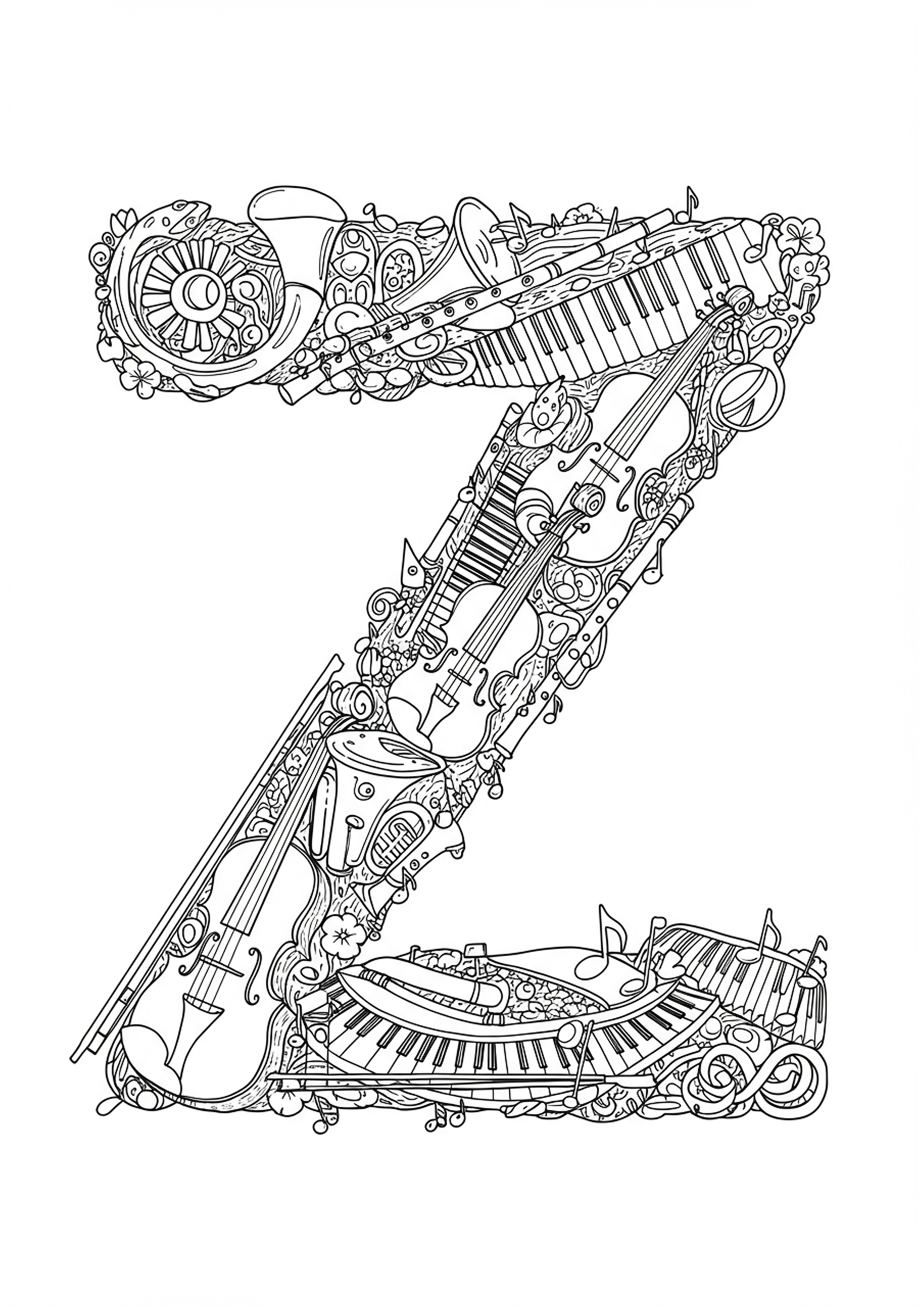 Letter Z with Musical Instruments Orchestrated - Free Coloring Page ...