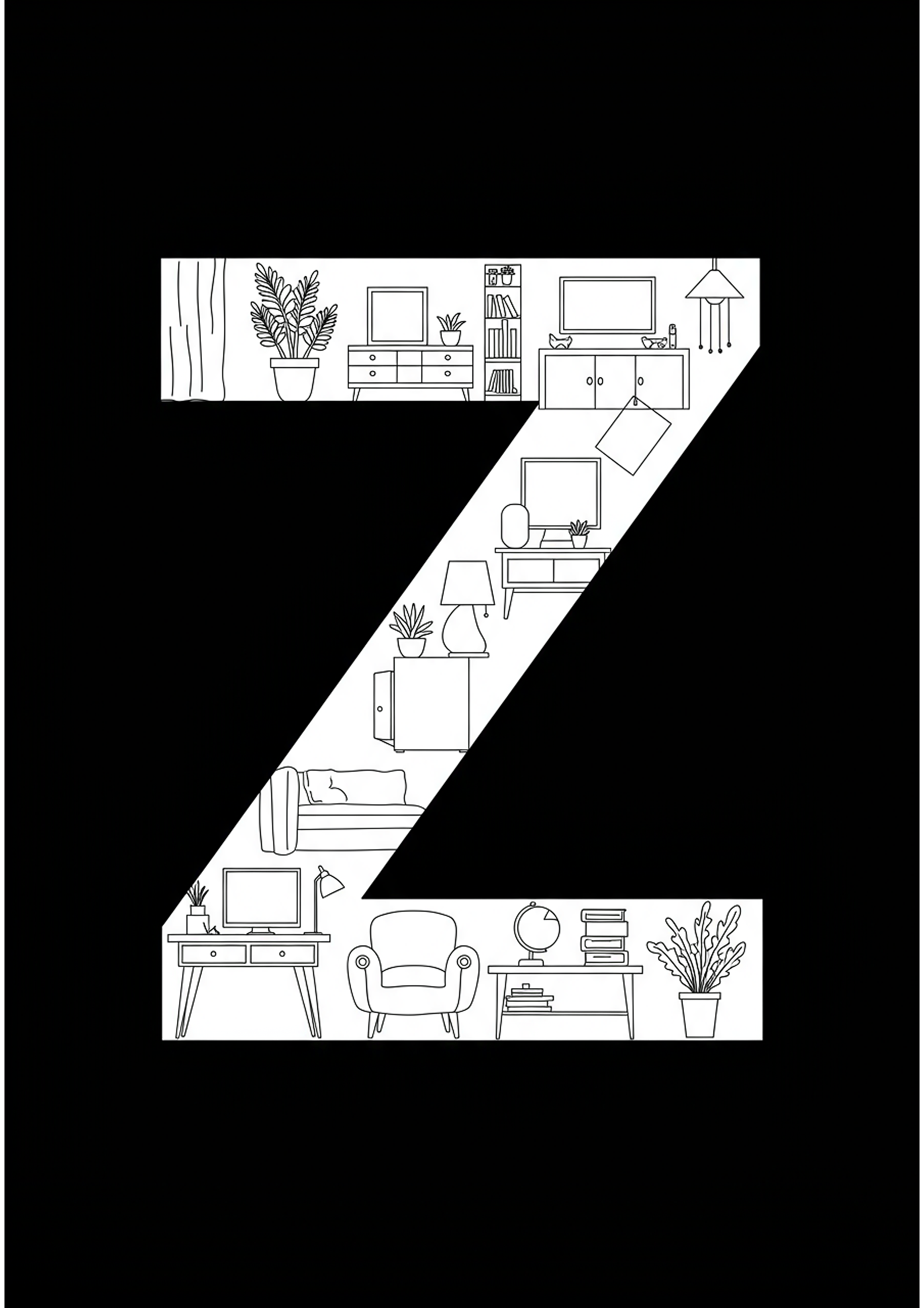 Letter Z with Simple Modern Interior Designs - Free Coloring Page ...