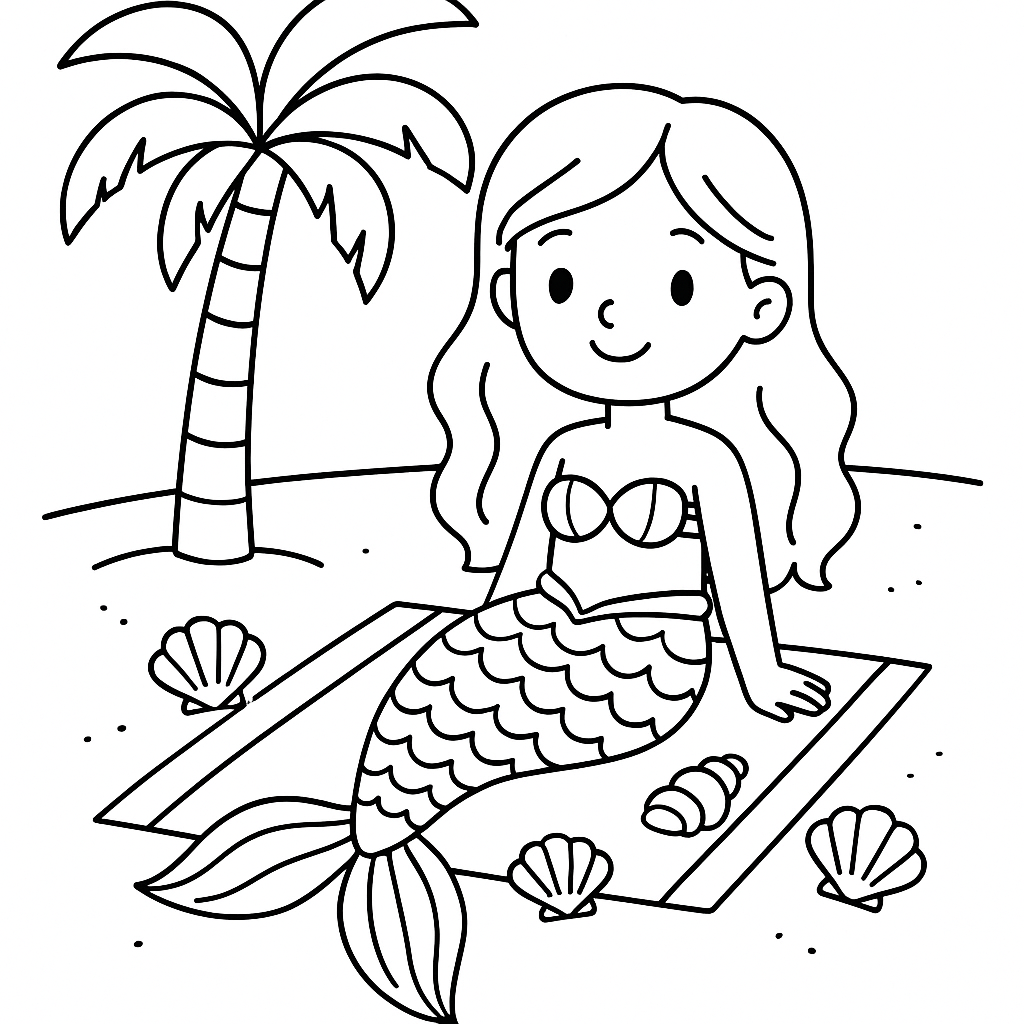 Mermaid Enjoying Summer Beach Day - Free Coloring Page | TryColoringPages