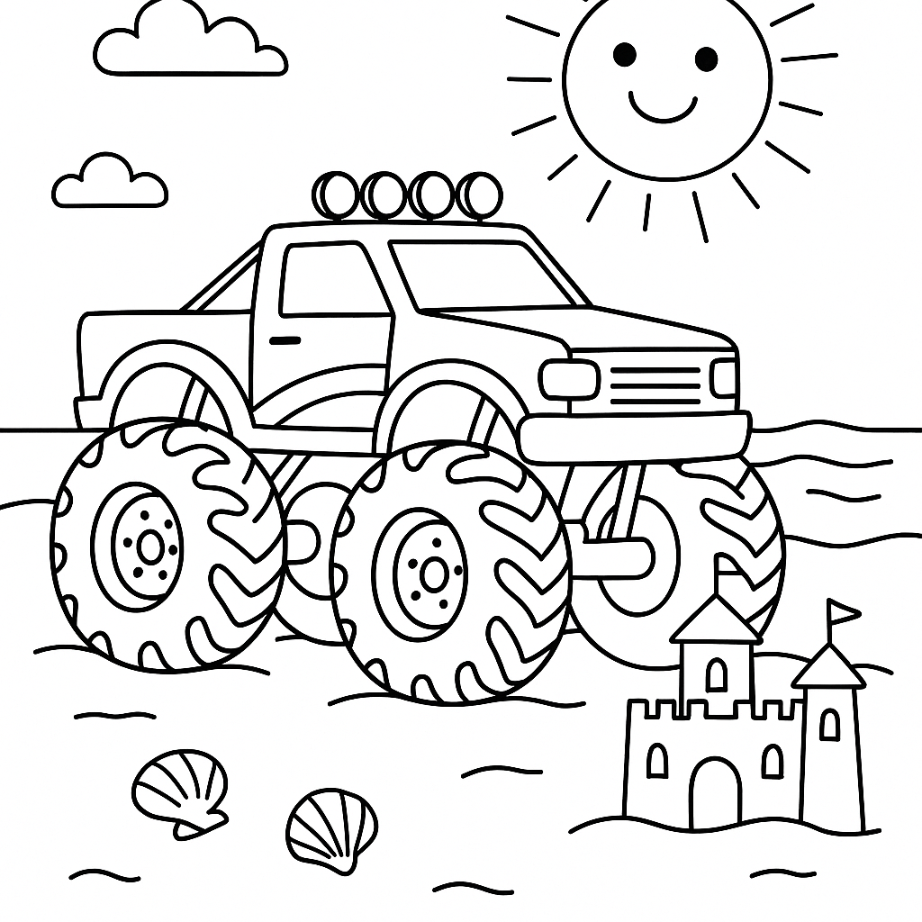 Monster Truck Beach Adventure - Free Coloring Page | TryColoringPages