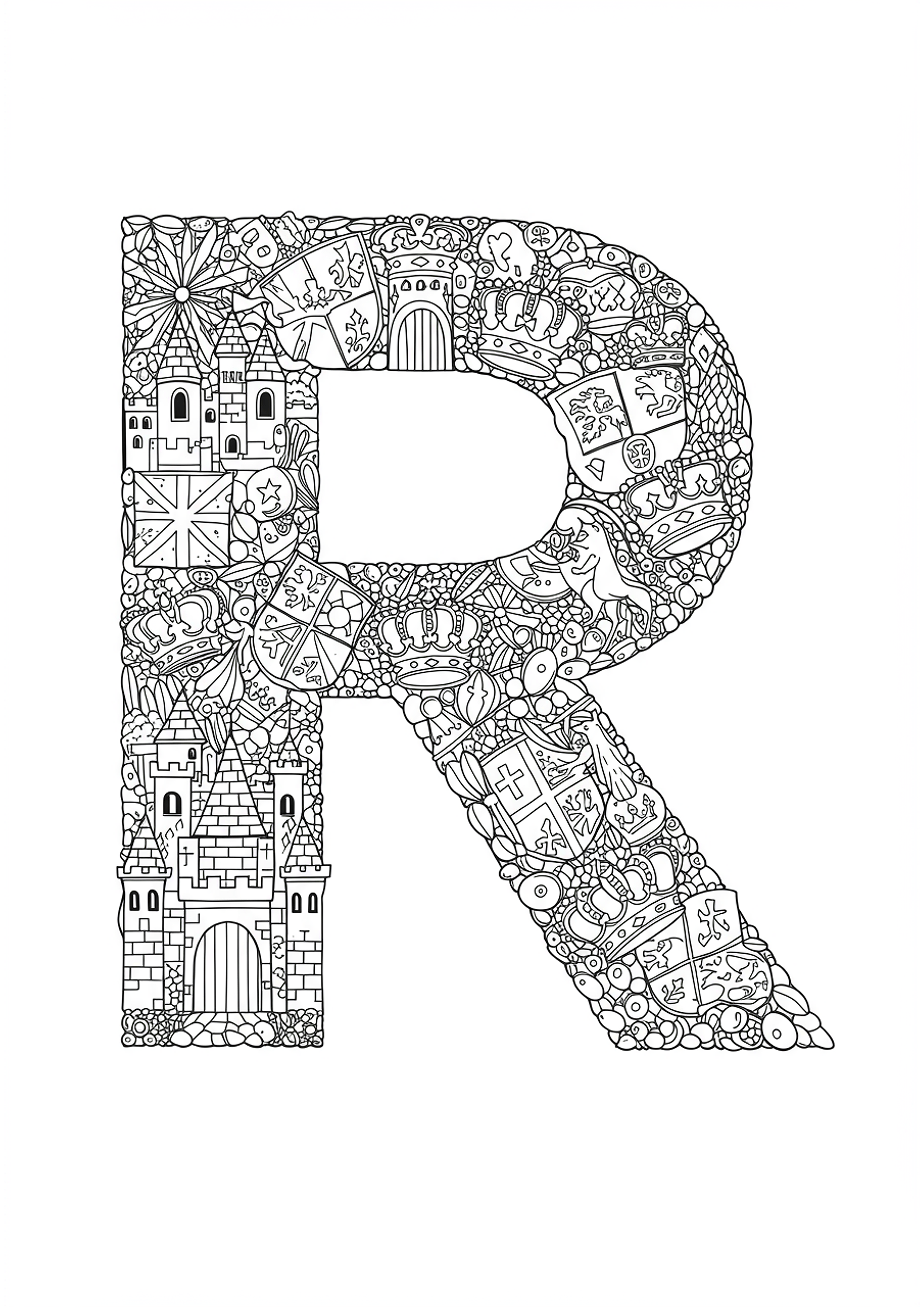 Royal Letter R: Regal Castles and Crowns Coloring Page - Free Coloring ...