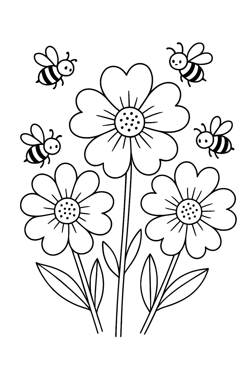 Spring Flowers and Busy Bees Coloring Page - Free Coloring Page ...