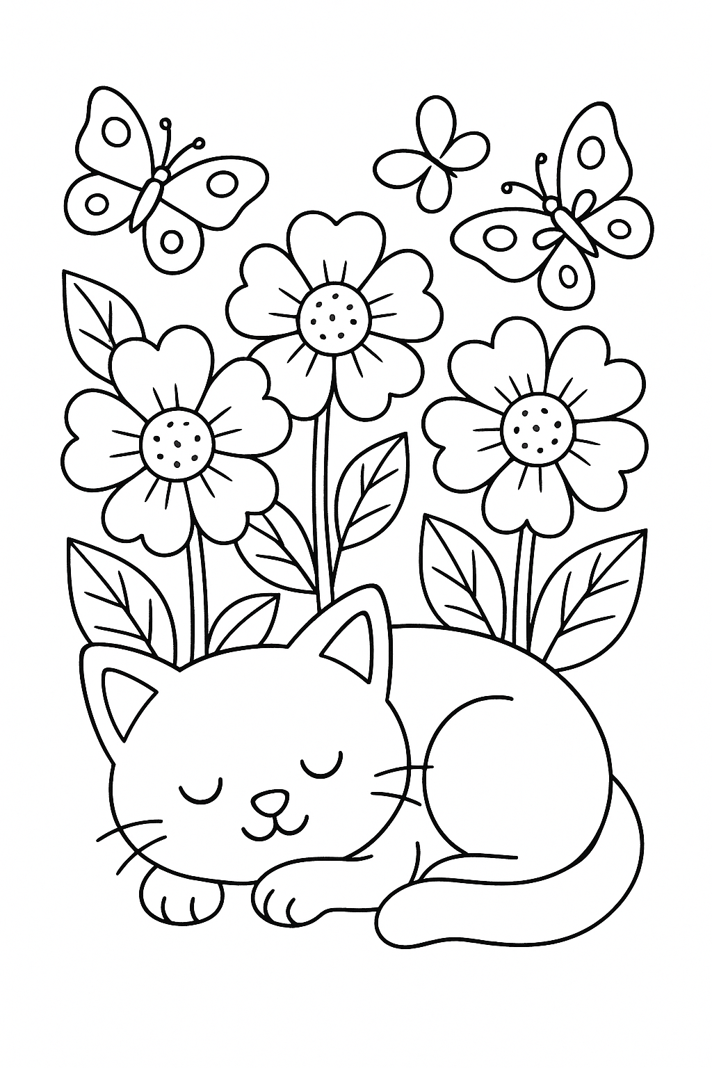 Springtime Catnap in the Garden - Free Coloring Page | TryColoringPages