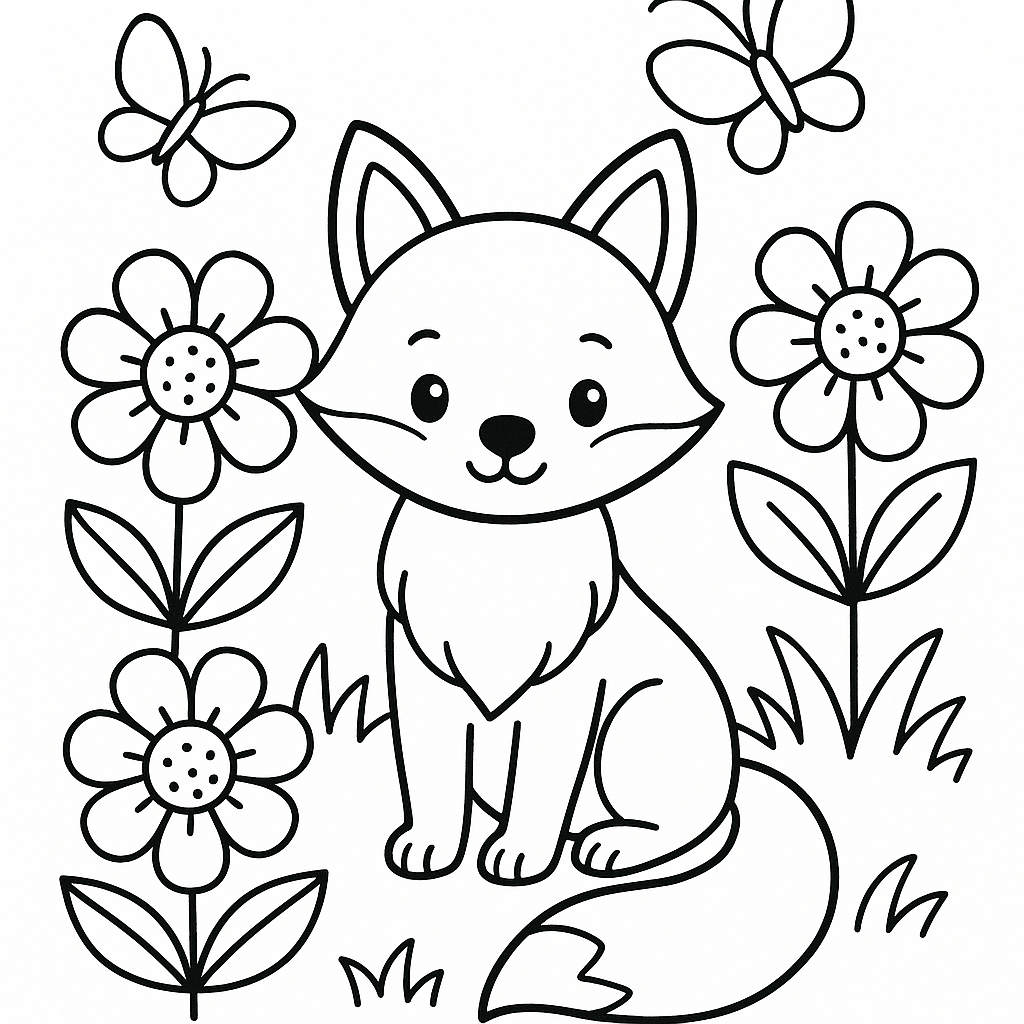 Springtime Fox in a Flower Meadow - Free Coloring Page | TryColoringPages