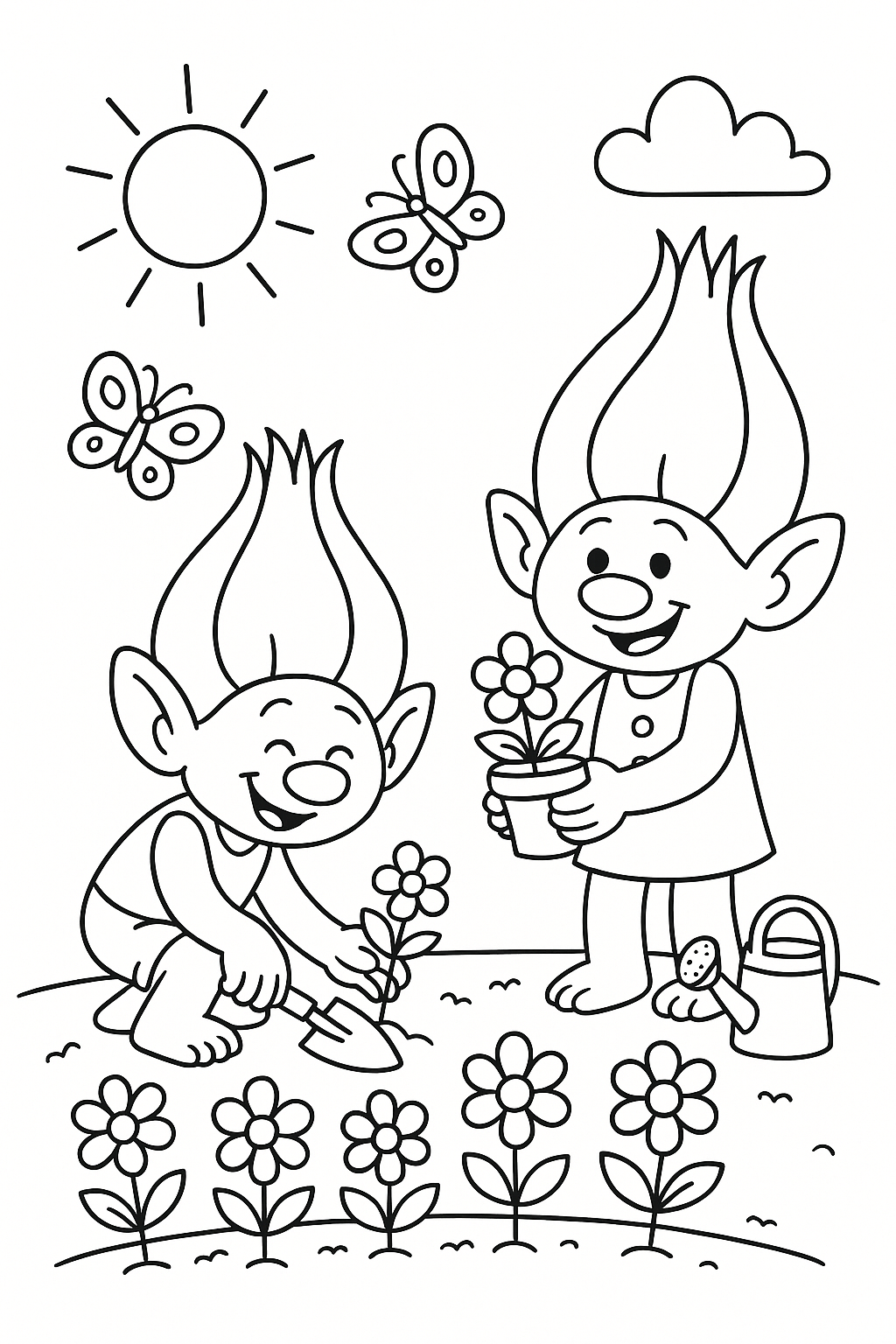 Springtime Trolls in the Garden - Free Coloring Page | TryColoringPages