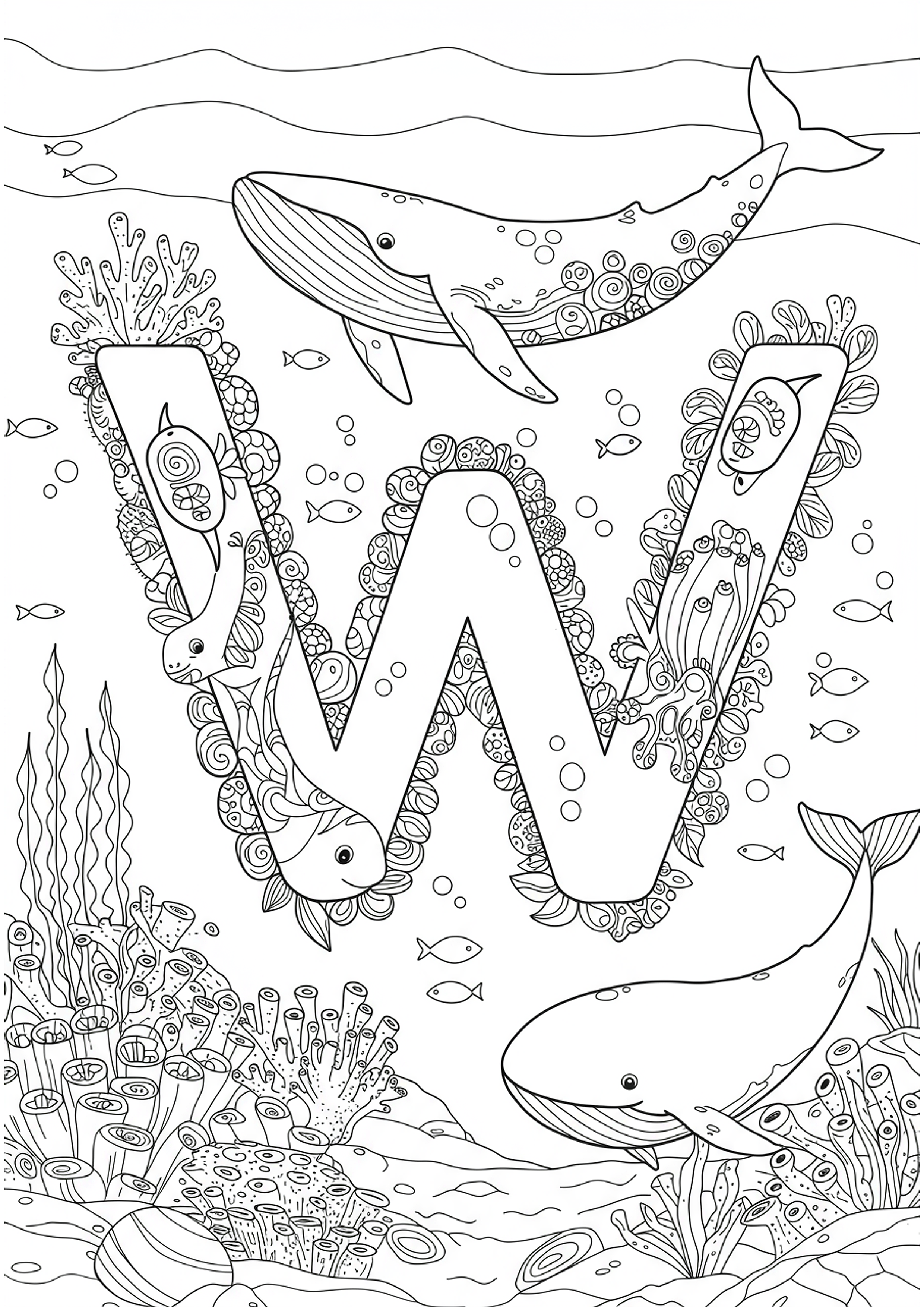 Whale Wonders Undersea Letter W Coloring Sheet - Free Coloring Page ...